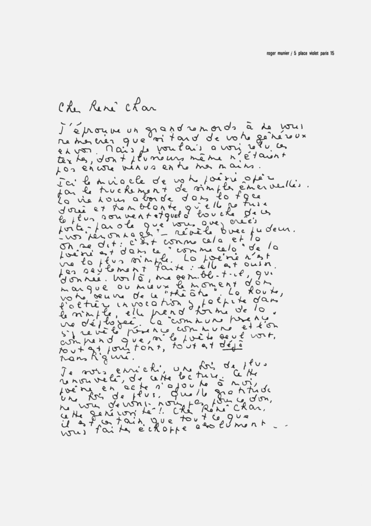 Extraits de la correspondance René Char / Roger Munier – Roger Munier